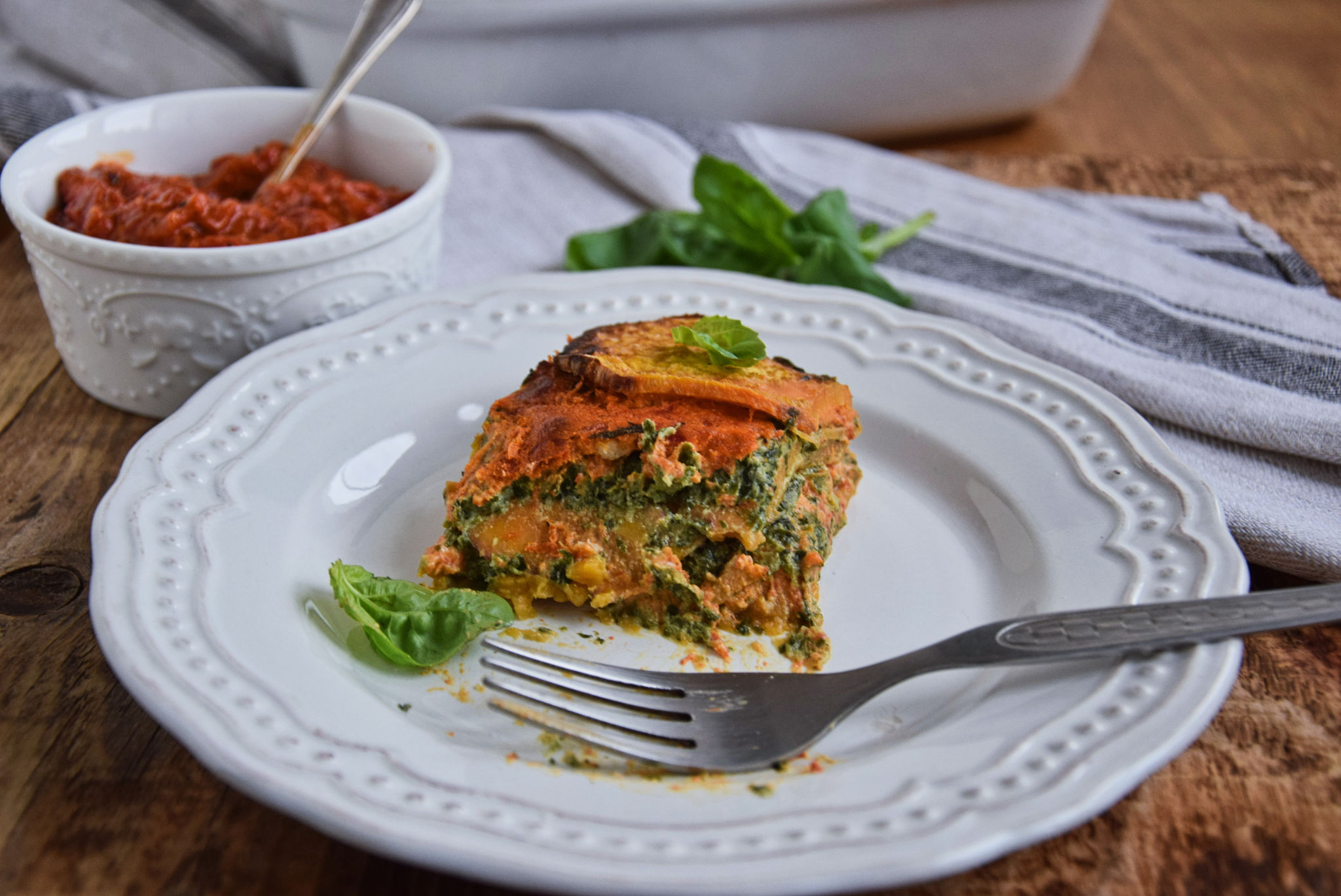 Sweet potato moussaka with spinach and ajvar - Spice Sunshine